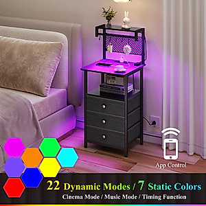 DALEMHOME Tall Nightstand with Charging Station and LED Lights, Night Stand with 3 Drawers and Storage Shelves, Bedside Table for Bedroom, Office, Black HKET2301BK