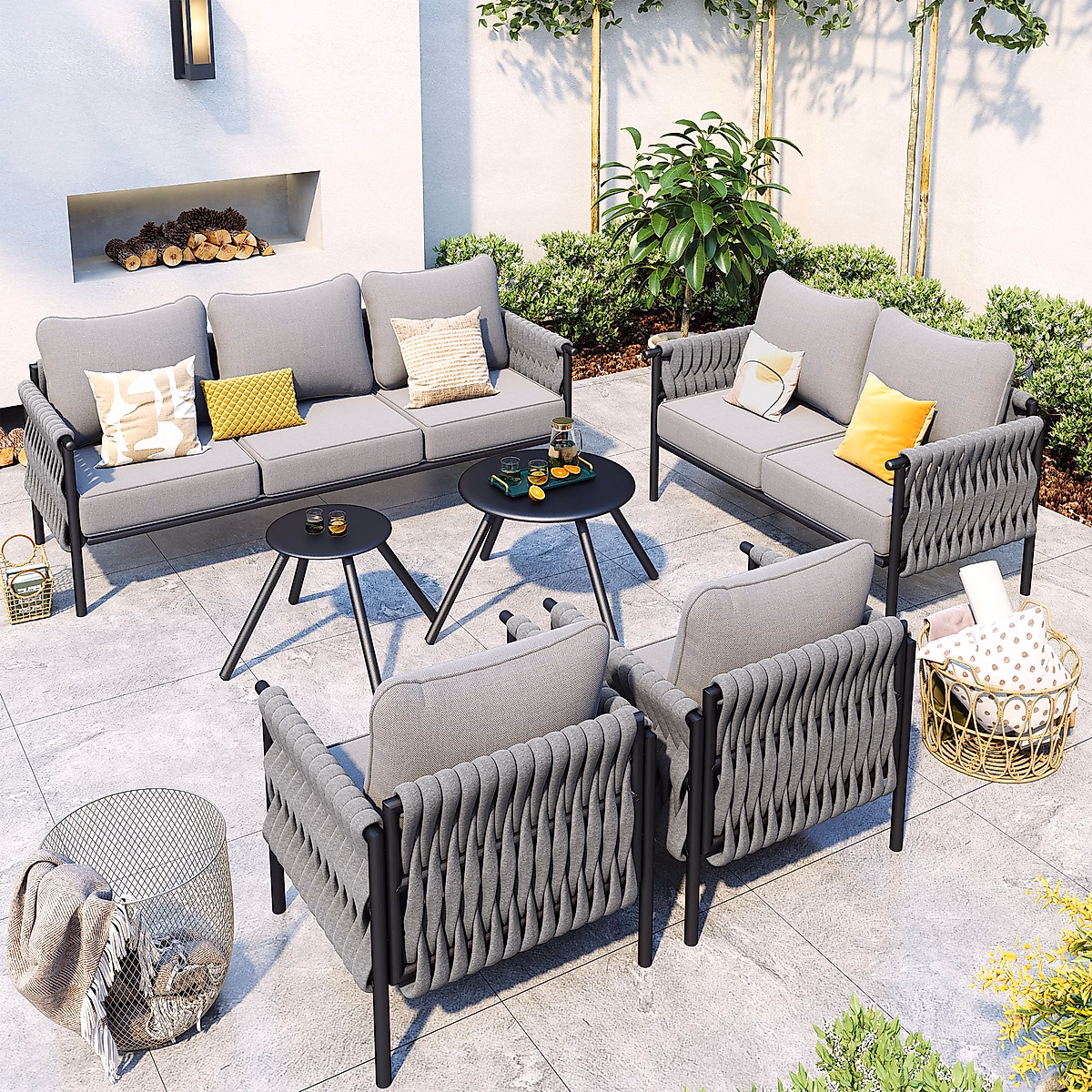 VONZOY Metal Outdoor Patio Furniture Set, 6 Pieces Modern Outdoor Conversation Furniture Sets w/2 Coffee Table, Outside Furniture with High-Resiliency Sponge Cushions for Poolside, Yard, Balcony