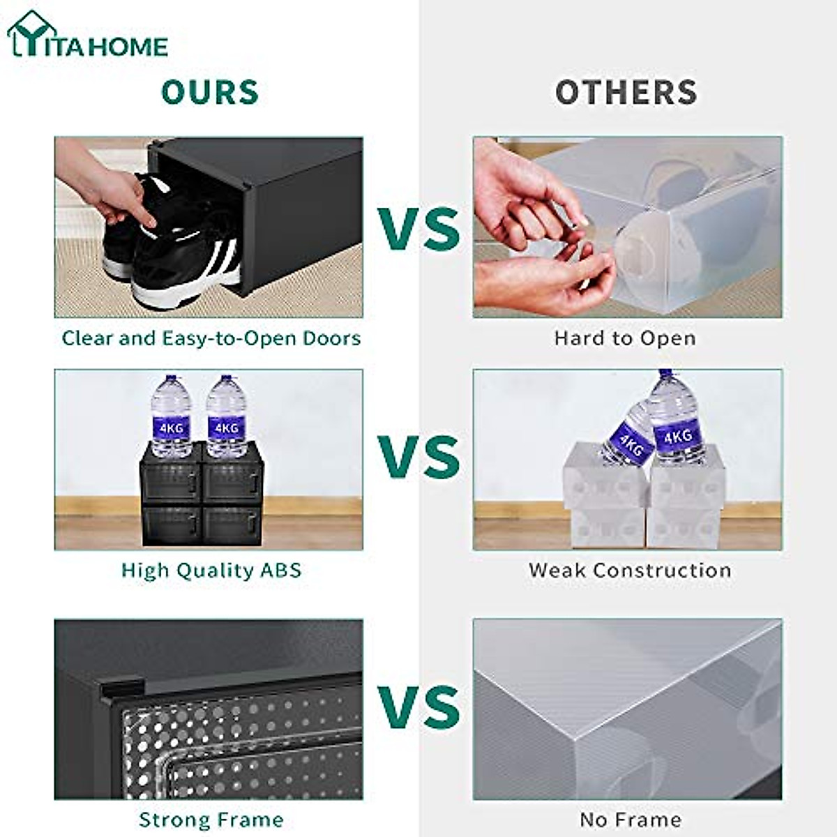 YITAHOME Shoe Box, Set of 12 Medium Size Shoe Storage Lightweight Plastic Organizers Stackable Shoe Storage Box Rack Drawers - Black