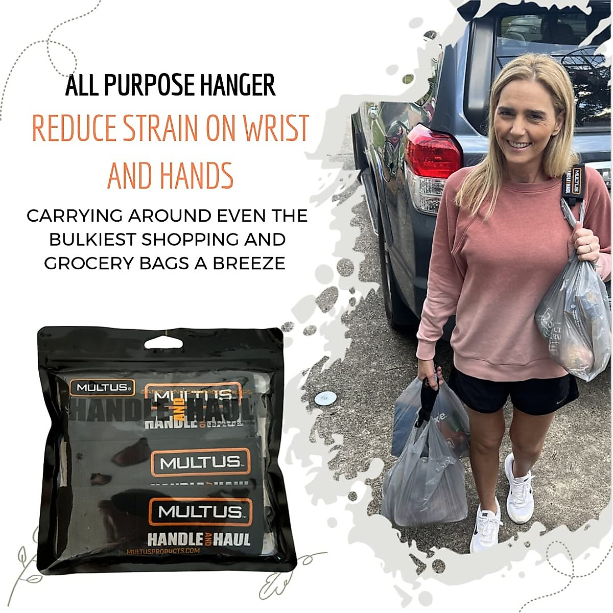 MULTUS Hand or Hands Free Grocery Bag Carrier 3 Pack - Carry Hook and Loop Strap, Plastic Bag Holder and Storage Hanger, All-Purpose Organizer