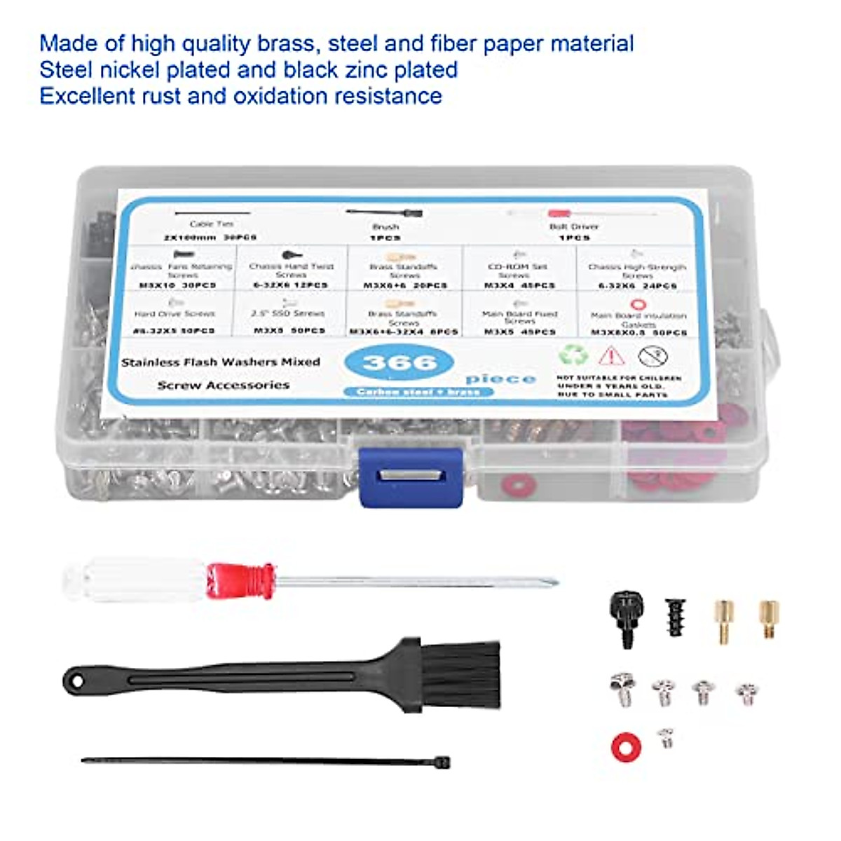 Computer Screw Parts, 366 Piece Brass Steel Stainless Paper Fiber Computer Screw Set Replacement