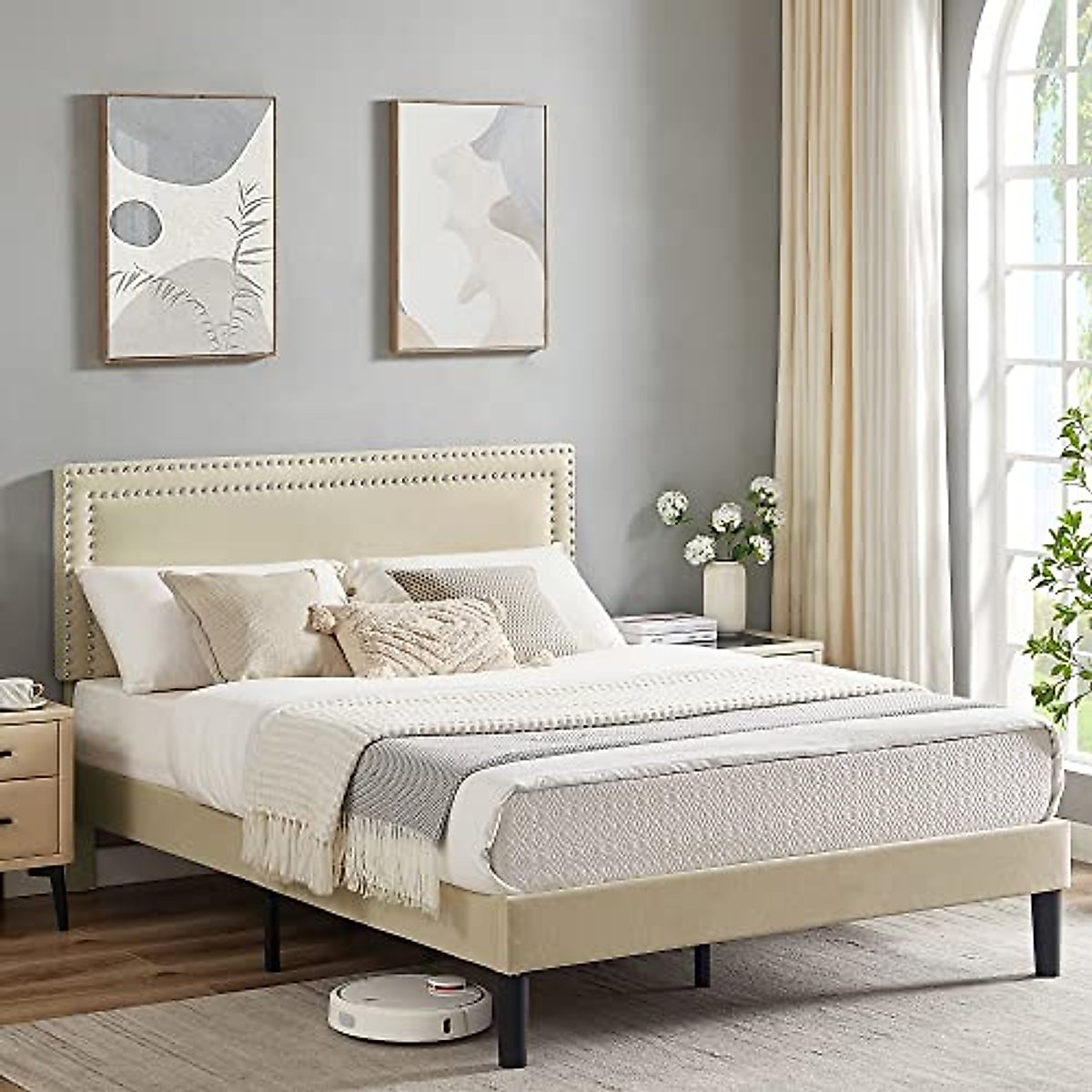 VECELO Queen Size Platform Bed Frame with Height Adjustable Upholstered Headboard, Modern Mattress Foundation,Strong Wood Slat Support, No Box Spring Needed, Easy Assembly