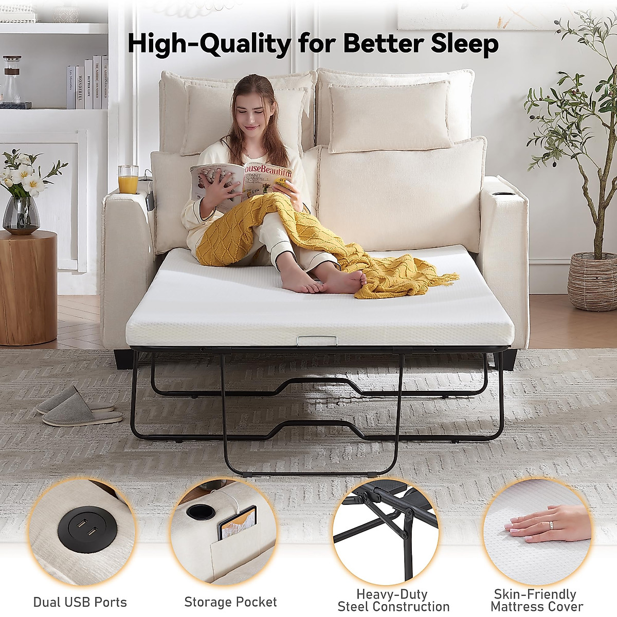 Brelice Pull Out Sofa Bed, Sleeper Sofa Couch, 2-in-1 Convertible Chenille Loveseat with USB Charging Port and Memory Foam Mattress, Full Size Pullout Bed for Living Room, Apartment or Office, Beige