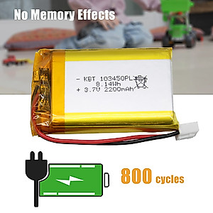 KBT 3.7V 2200mAh Li-Polymer Battery: 103450 Lipo Rechargeable Lithium-ion Replacement Batteries with JST Connector