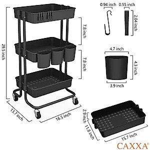 CAXXA 3-Tier Rolling Storage Organizer with 3 Small Baskets - Mobile Utility Cart with Caster Wheels (Black)