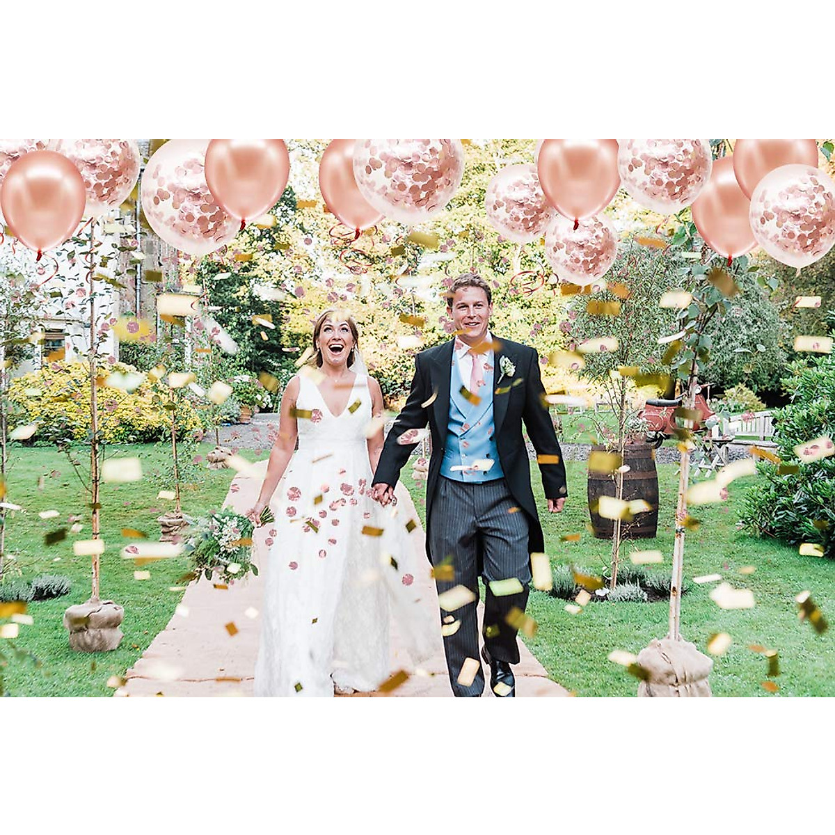 Rose Gold Confetti Latex Balloons, 50 pack 12 inch Birthday Balloons with 33 Feet Rose Gold Ribbon for Party Wedding Bridal Shower Decorations