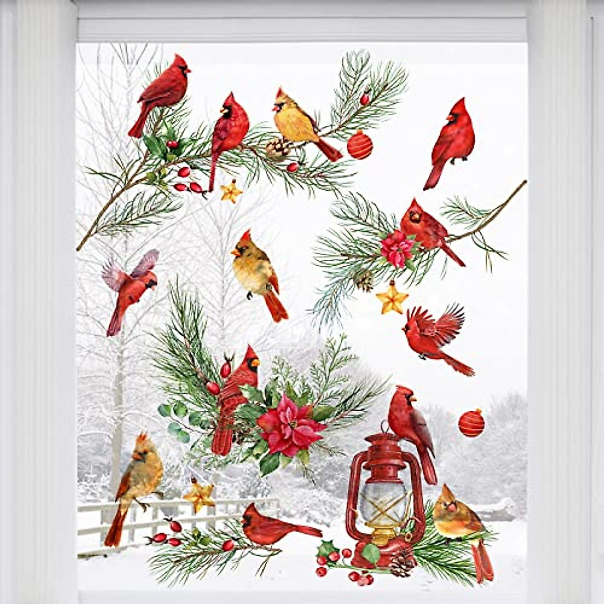 Mfault Winter Cardinals Window Clings 9 Sheets, Christmas Red Birds Glass Stickers Decal Poinsettia Pine Cone Bedroom Decorations, Xmas Kerosene Lamp Tree Branches Home Kitchen Living Room Decor
