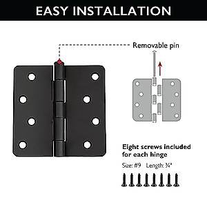 Door Hinges for Interior Doors 10-Pack 4-inch x 4-inch, Design House 1/4-inch Radius Steel Door Hinge Door Hardware, Matte Black, 188953