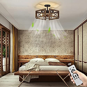 DUJAHMLAND Farmhouse Flush Mount Ceiling Fan with Light, 20 Inch Industry Wood Low Profile Ceiling Fan with Light Remote Control for Bedroom Living Room Kitchen (Antique Wood 4-Light)