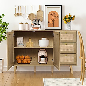 Anmytek Rattan Sideboard Buffet Cabinet with 2 Doors and 3 Drawers, Buffet Cabinet with Storage Wood Credenza Storage Cabinet for Living Room Dining Room Hallway Kitchen, Natural Oak H0088