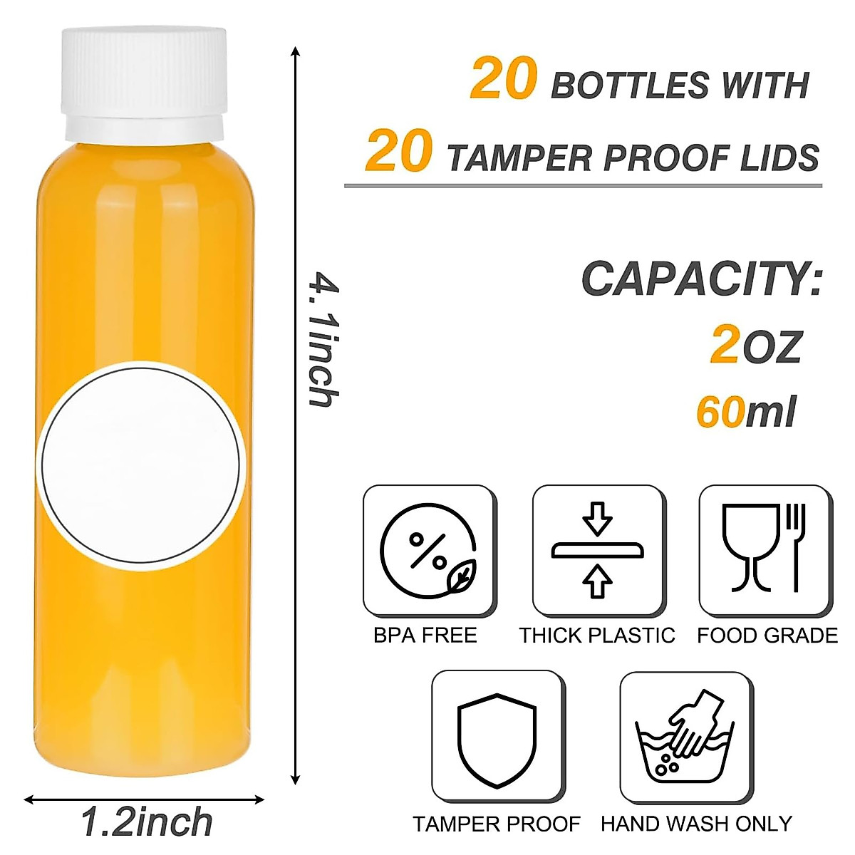 Moretoes 20pcs 2oz Small Plastic Beverage Bottle, Clear Juice Bottle with Lid, Reusable Leak-proof Containers with Cap for Juices, Ginger Shot, Shampoos and Other Liquids