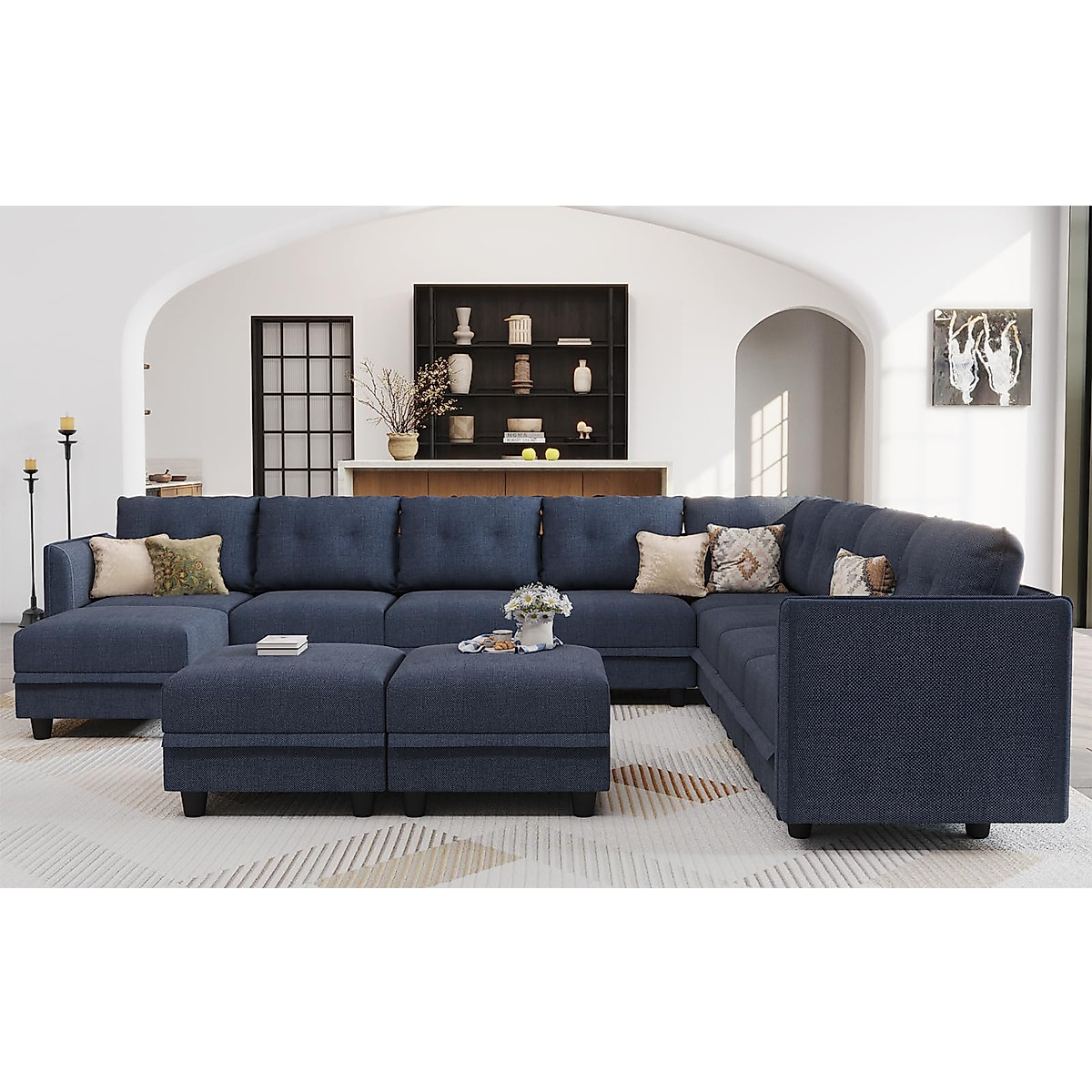 LLappuil Modular Sectional Sofa with Storage Oversized U Shaped Couch with Reversible Chaise Luxury Velvet Sofas for Living Room 9 Seats with 2 Ottomans Denim Blue