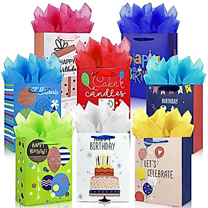 MUMULULU 8 Pack Birthday Gift Bags with Ribbon Handle and Tissue Paper Funny Glitter Happy birthday Gift Bags for Birthday Gift Wrapping Presents