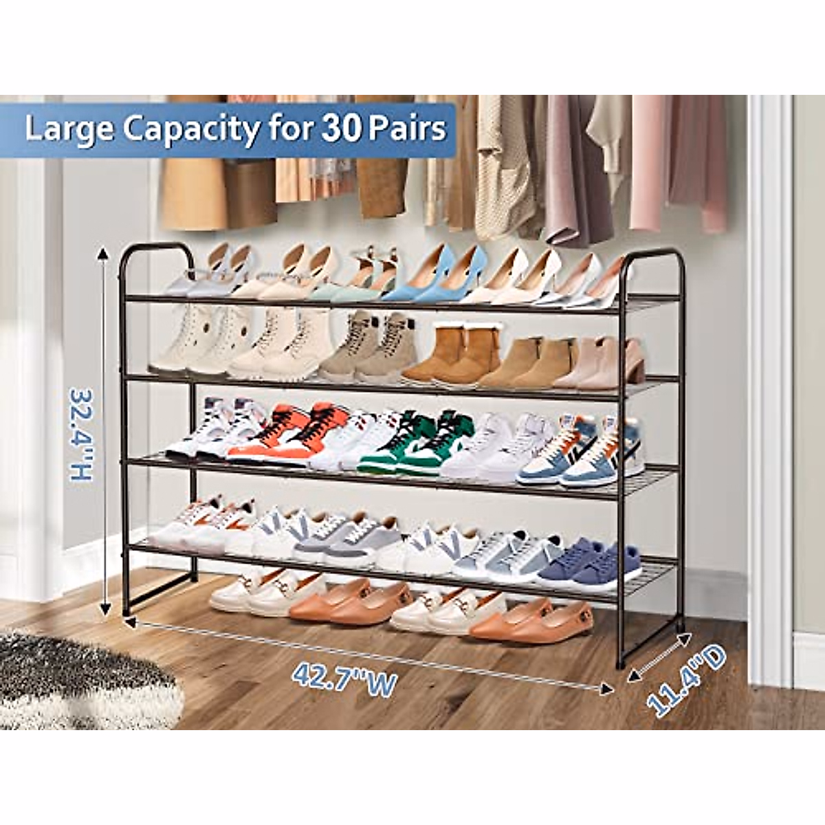 AOODA 28 Large Mesh Pockets Over The Door Shoe Organizer, 4 Tier Long Metal Shoe Organizer for Closet, 2 Item Bundle