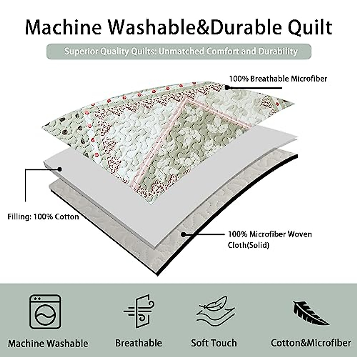 zhuzai 3 Piece Patchwork Quilt Set Full/Queen Size, Green Plaid Floral Bedspread Lightweight Reversible Microfiber Bedding with 2 Shams Shabby Chic Rose Comforter for All Season, 90''x96''