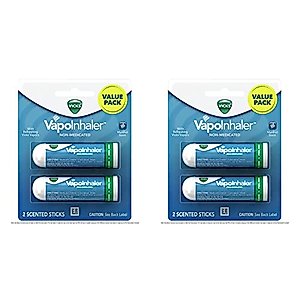 Vicks VapoInhaler, On-The-Go Portable Nasal Inhaler, Non-Medicated, with Refreshing Vapors, Menthol Scent, 2 Scented Sticks (Pack of 2)