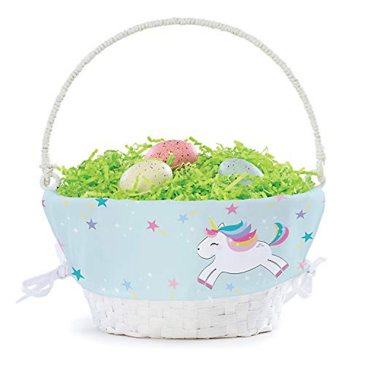 Rainbow Unicorn Personalized Easter Egg Basket with Handle and Custom Name | Blue Easter Basket Liners | White Basket | Woven Easter Baskets for Kids | Customized Easter Basket | Gift for Easter