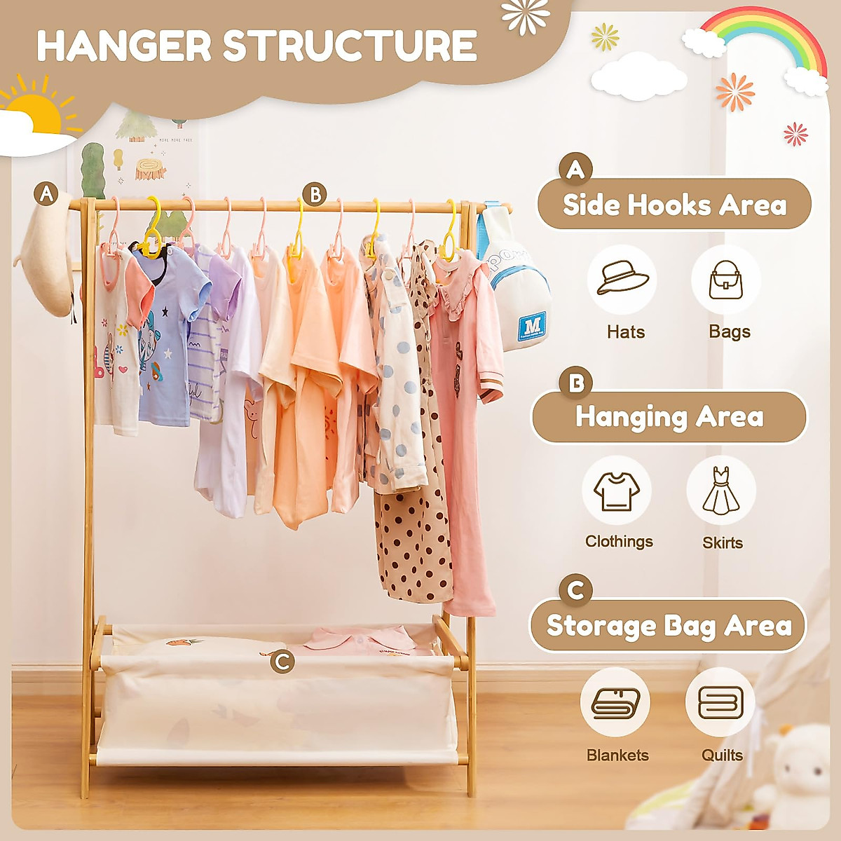 Cozivolife Kids Clothing Rack with Storage Box, Dress up Rack, Child Garment Rack with Hanging Rods, Small and Foldable, Bamboo (Natural)