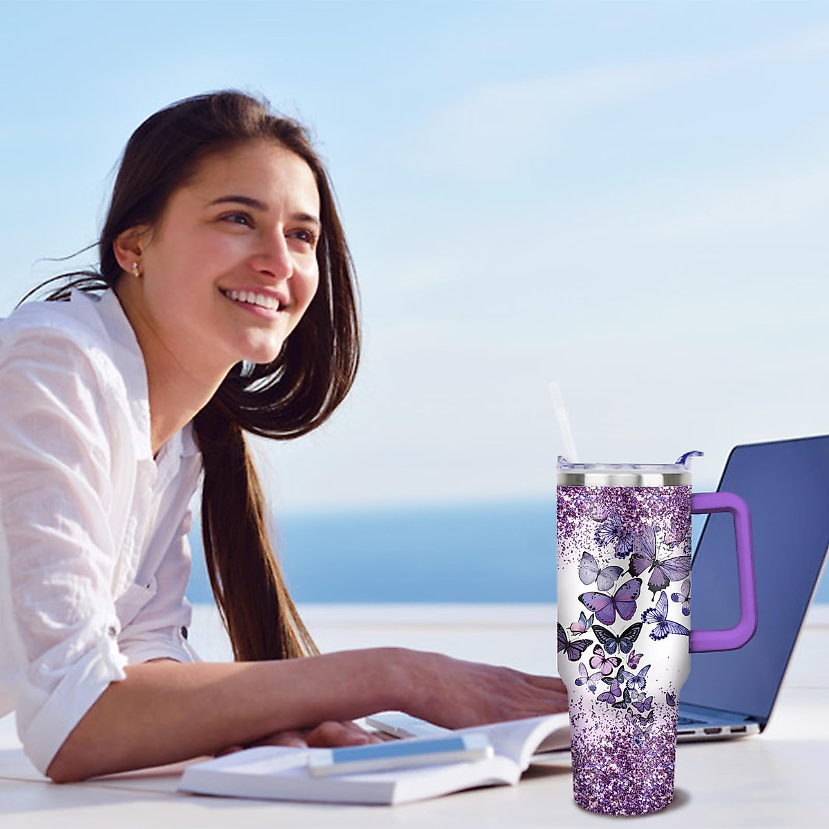 Thmasamwr Butterfly Tumbler With Lid, Straw and Handle - 40oz Stainless Steel Travel Coffee Mug Water Bottle - Gift Cups for Women and Girls