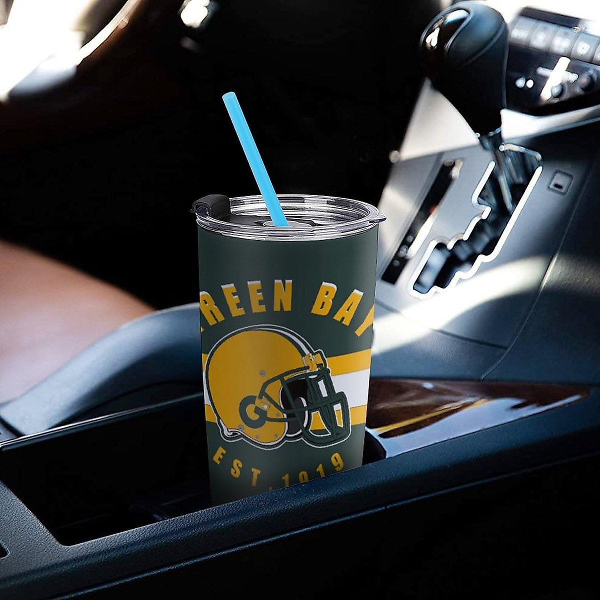 Custom Green Bay Tumbler 20oz Stainless Steel with Lid & Straw Personalized Football Fans Gifts for Women Men Coffee Travel Mug Cup Add Name Number