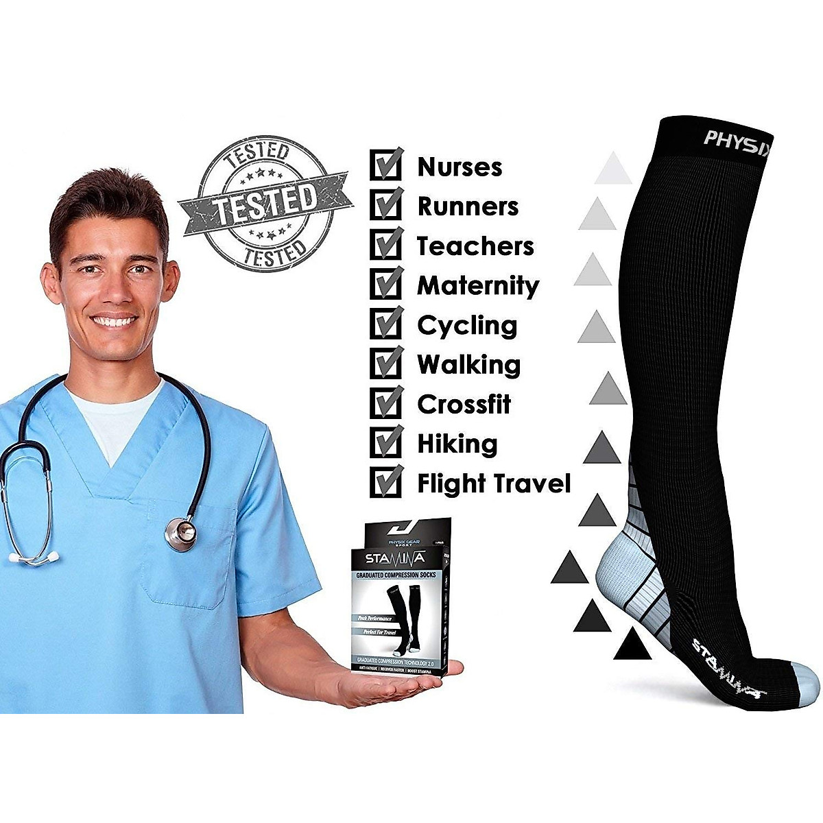 Physix Gear Compression Socks - Best Men & Womens Compression Socks for Circulation, Running, Nurses, Athletic Use Sock Compression, Blood Pressure Socks, Calcetines de Compresion, Black/Grey, S/M