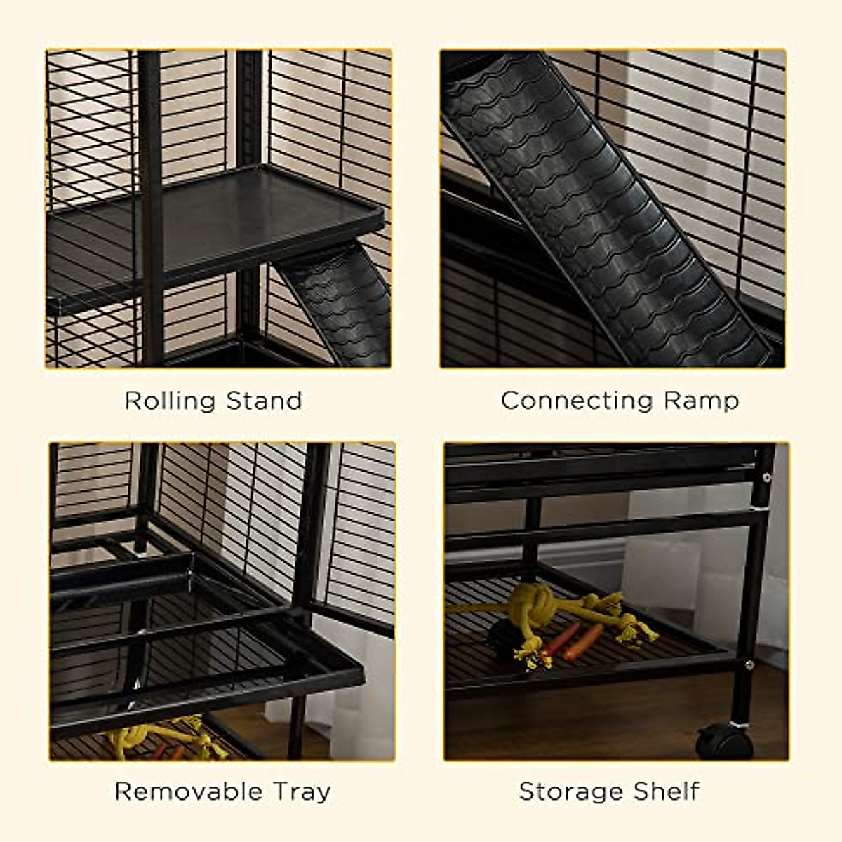 PawHut Guinea Pig Cage with Tray, Small Animal Habitat, Metal Wire Chinchilla Cage, Hedgehog Cage, Pet Ferret Cage with Wheels & Storage Shelf, Little Critter Cage