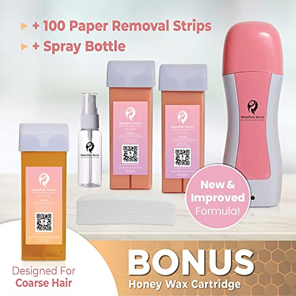 soft wax roller kit for hair removal- wax cartridge X3 / 2 unique formulas included, one: coarse hair (bikini) and 2 for Soft hair arms, legs etc This roll waxing kit is ready to use in 20 seconds