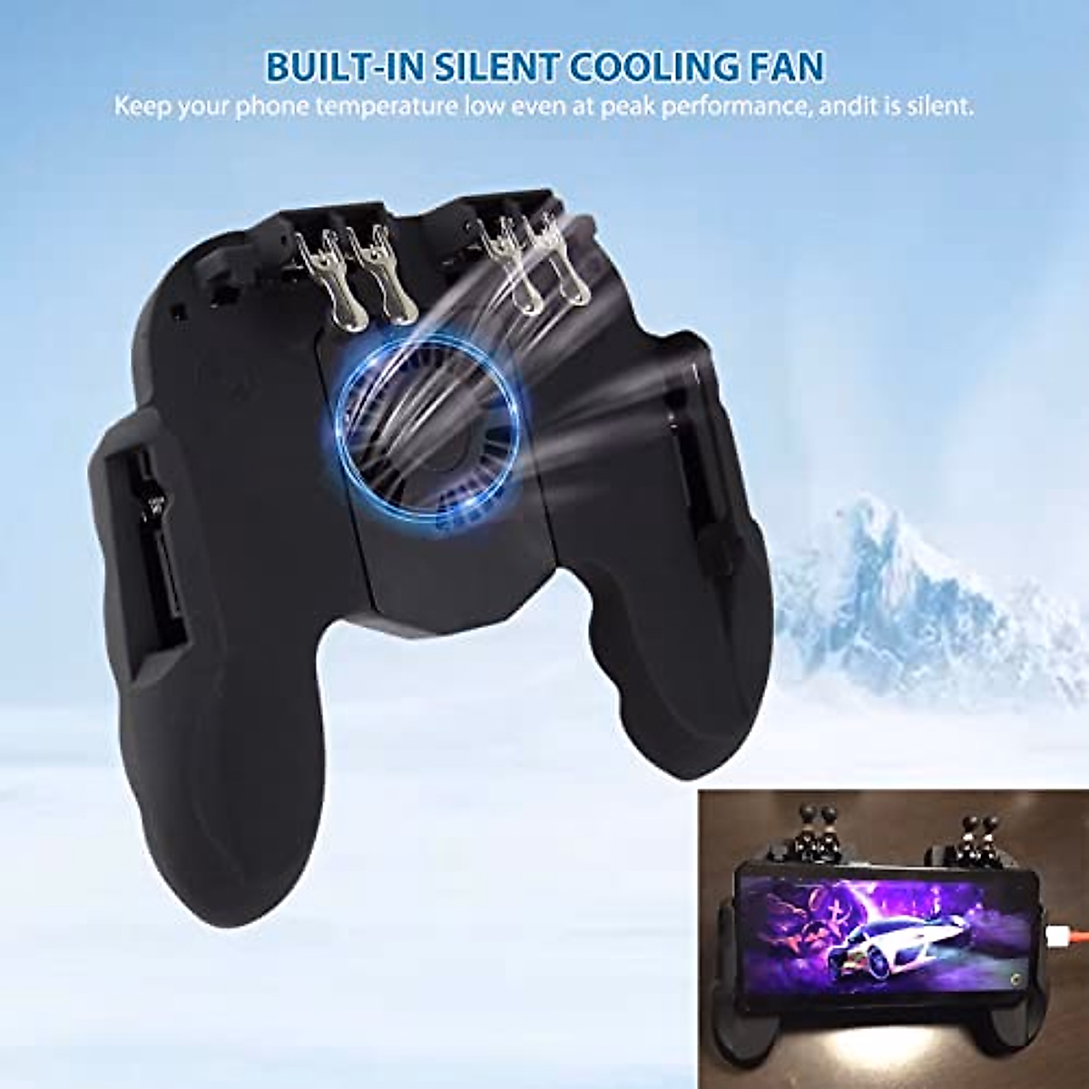 Mobile Game Controller with Cooling Fan/Phone Holder, Phone Gamepad Fits For PUBG/Fortnite/Call of Duty, For Tomoda L1R1 Mobile Triggers For 4.7”-6.5” iOS Android Phones