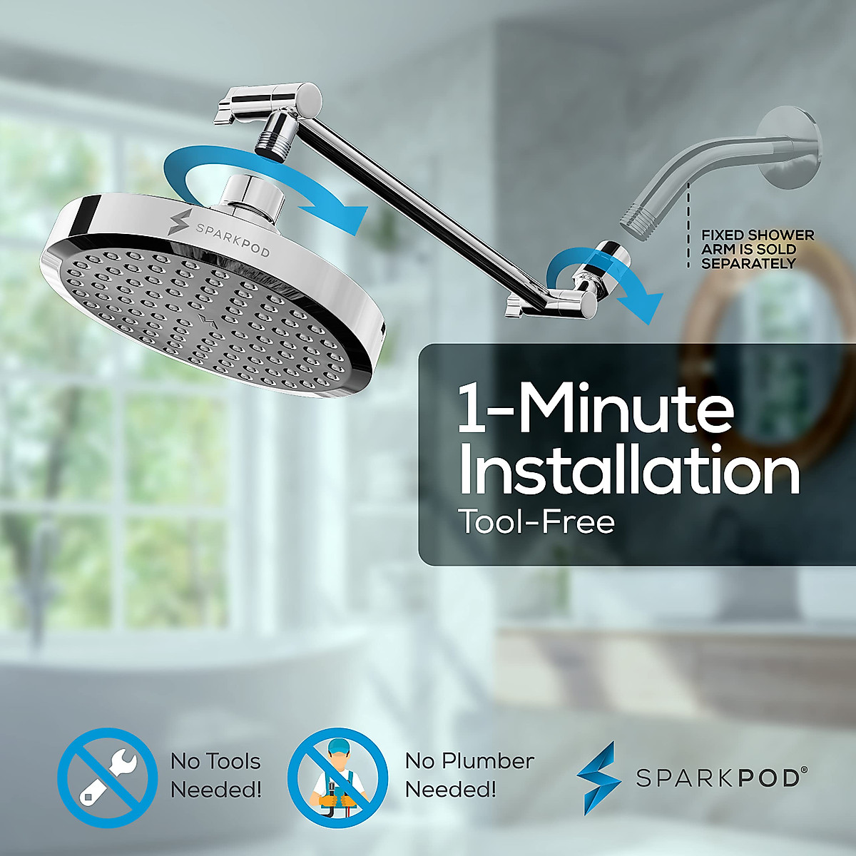 SparkPod Round Rain Shower Head with Shower Head Extension Arm - High Pressure Rain - Luxury Modern Look - No Hassle Tool-less 1-Min Installation (11" Shower Arm Extension, Luxury Polished Chrome)
