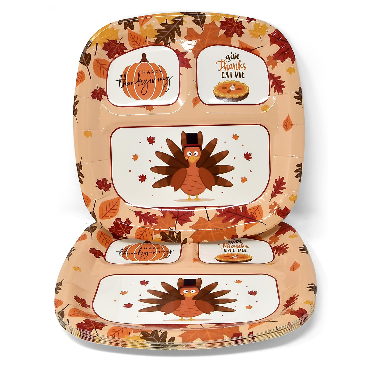 Gift Boutique 24 Pack Thanksgiving Divided Dinner Plate 9 inch Square 3 Section Plates for Fall Autumn Harvest Party Supply Disposable Paper Dinner Table Decorations with Turkey Pumpkin Leaf Design