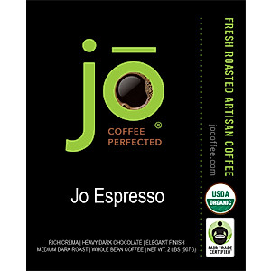 JO ESPRESSO: 2 lb, Medium Dark Roast, Whole Bean Organic Arabica Espresso Coffee, USDA Certified Organic Espresso, NON-GMO, Fair Trade Certified, Gluten Free Gourmet Espresso Beans by Jo Coffee