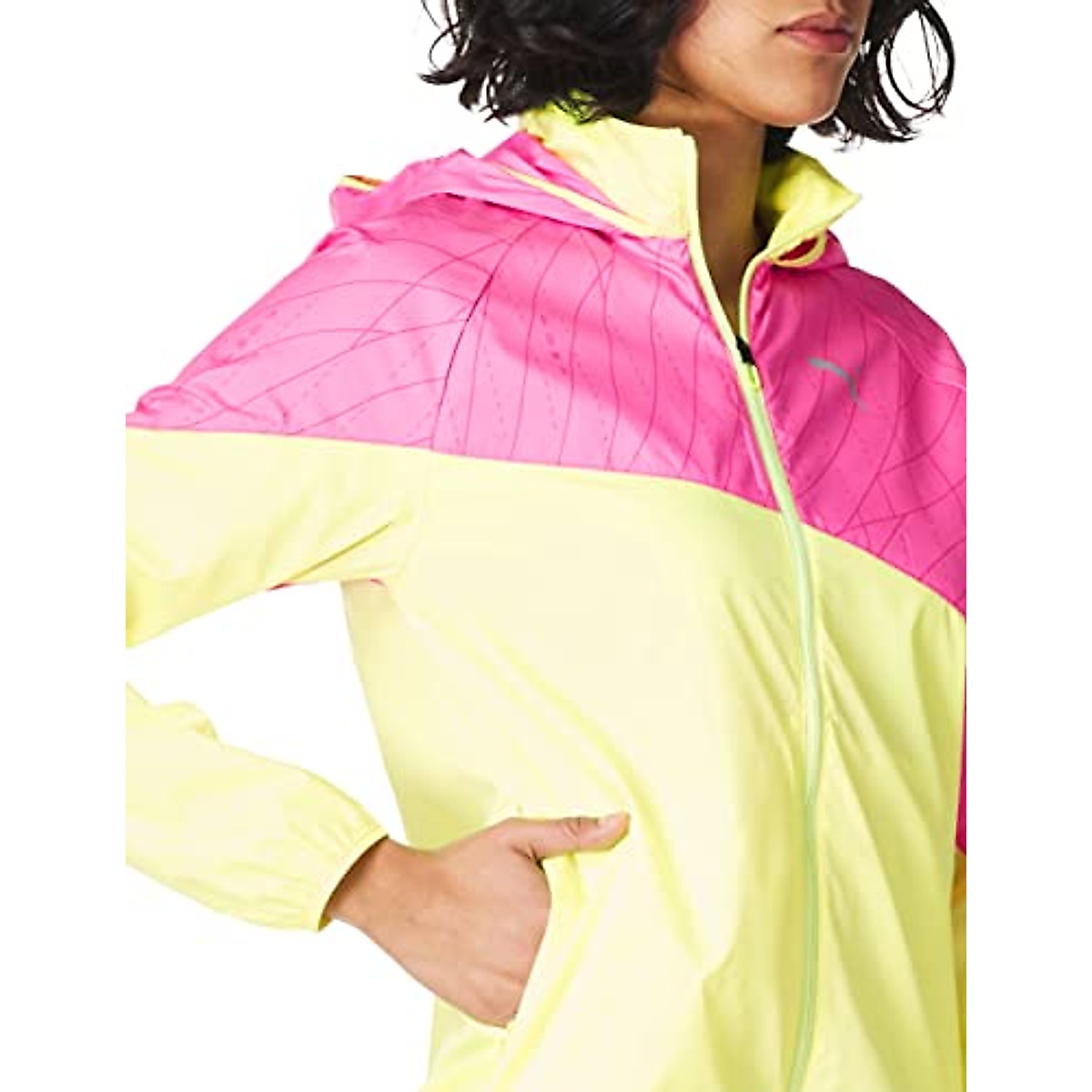PUMA Women's Run Graphic Hooded Jacket, Fizzy Yellow-Luminous Pink, M