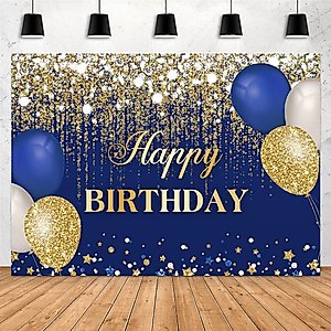 Aperturee Blue and Gold Happy Birthday Backdrop 7x5ft Glitter Golden Dots Diamonds Balloons Women Girls Sweet 16 Bday Photography Background Party Decorations Cake Table Banner Photo Booth Props
