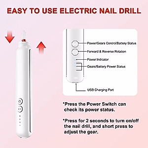 Nail Drill for Acrylic Nails, Cordless Electric Nail File for Gel Remover and Polish, Professional Manicure Set & Pedicure Tool Kits for Home Salon Use, Rechargeable and Portable-White