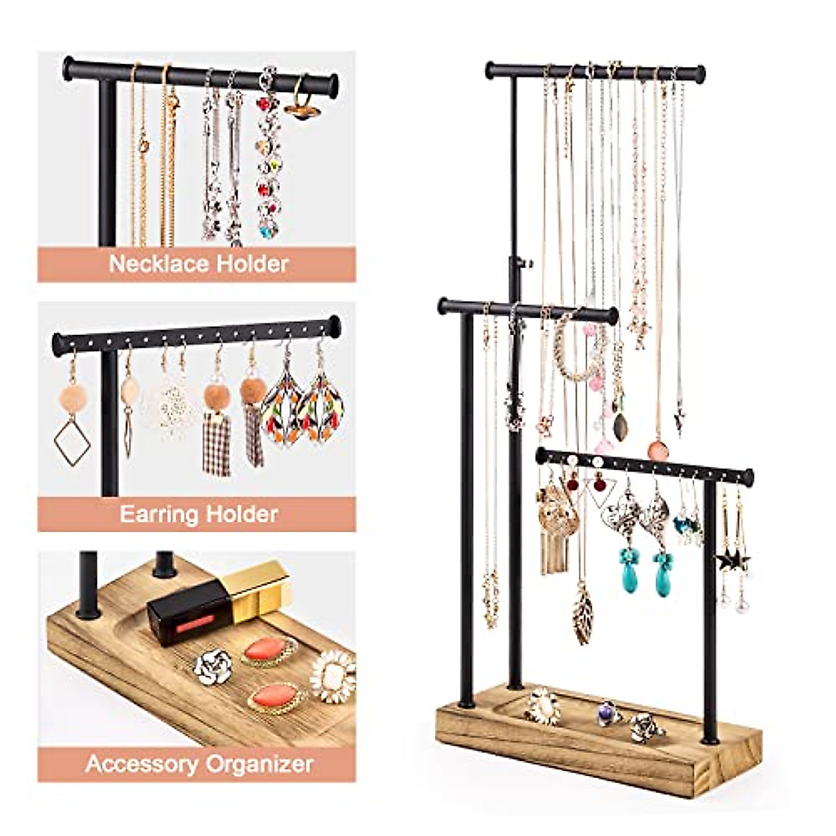 SRIWATANA Jewelry Organizer Stand, Extra Tall Necklace Holder Jewelry Holder (Carbonized Black & Black)