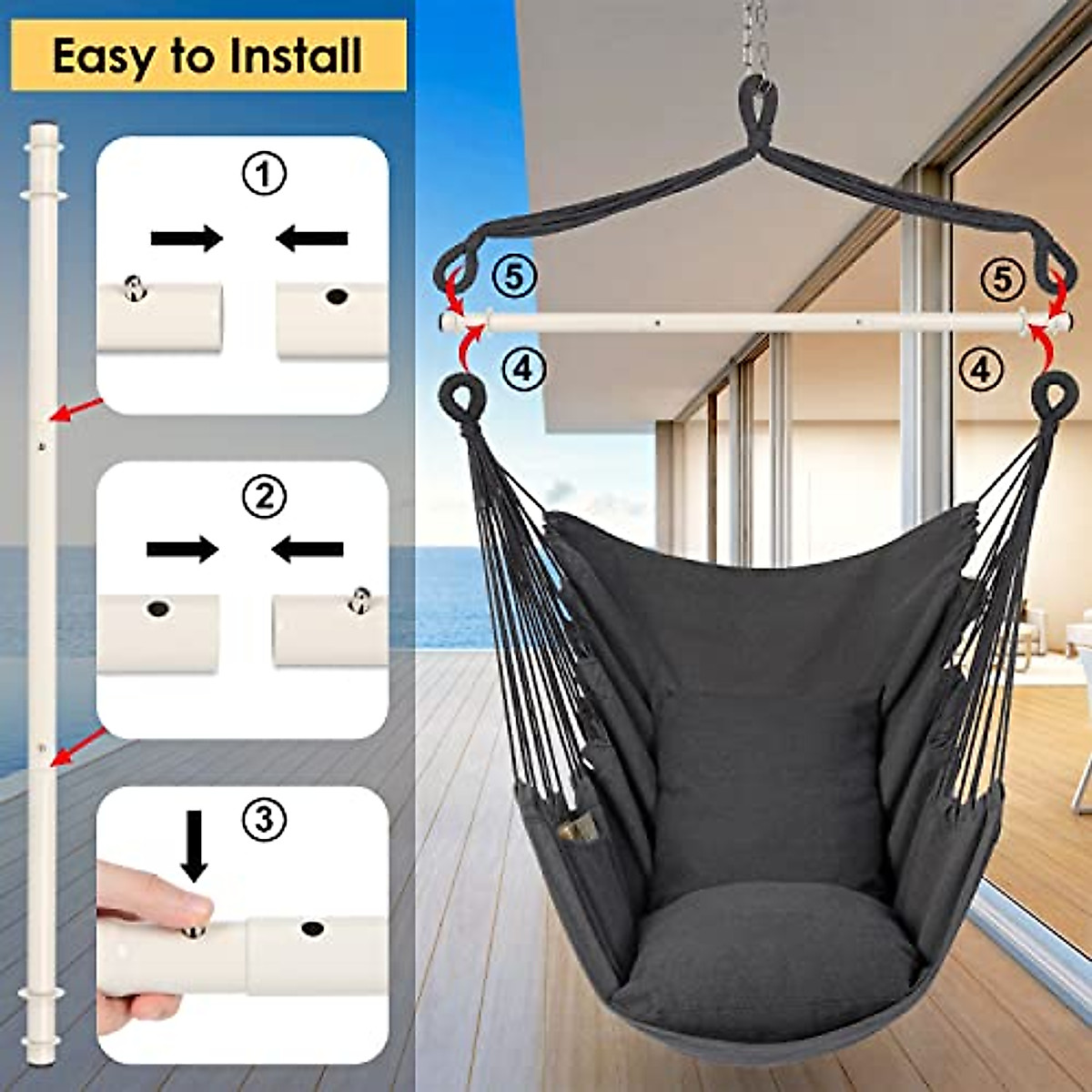 Y- Stop Hammock Chair Hanging Rope Swing, Max 500 Lbs, 2 Seat Cushions Included, Quality Cotton Weave for Superior Comfort, Durability with Hardware kit (Dark Grey)