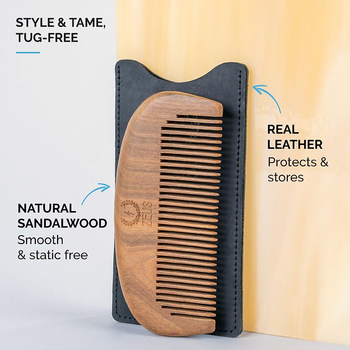ZEUS Sandalwood Beard Comb, Natural Wooden Beard Comb with Leather Sheath for Men, Travel Friendly Beard Comb (S31)