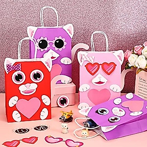 12 Pcs Valentine Treat Bags for Kids, Cat DIY Valentine Candy Treat Bags Kraft Paper Gift Bags Valentine Goodie Bags with 18 Accessories for Snack Party Favor and Students Classroom Gift Exchange