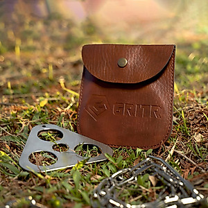 GRITR Camping Tripod Grill Board Set - Compact Portable Rustproof Camping Gear for Outdoor Cooking - Stainless Steel Campfire Tripod Plate, Adjustable Chain and Leather Case