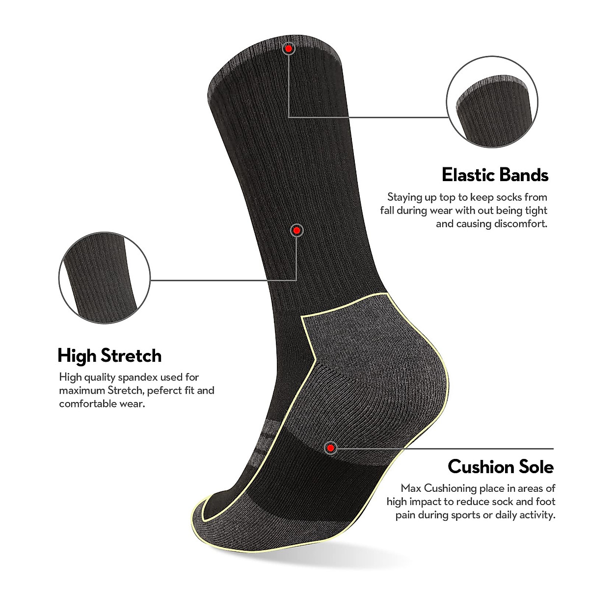 Heatuff Mens Moisture Wicking Heavy Cushion Crew Socks, Reinforced Heel & Toe Durable Socks