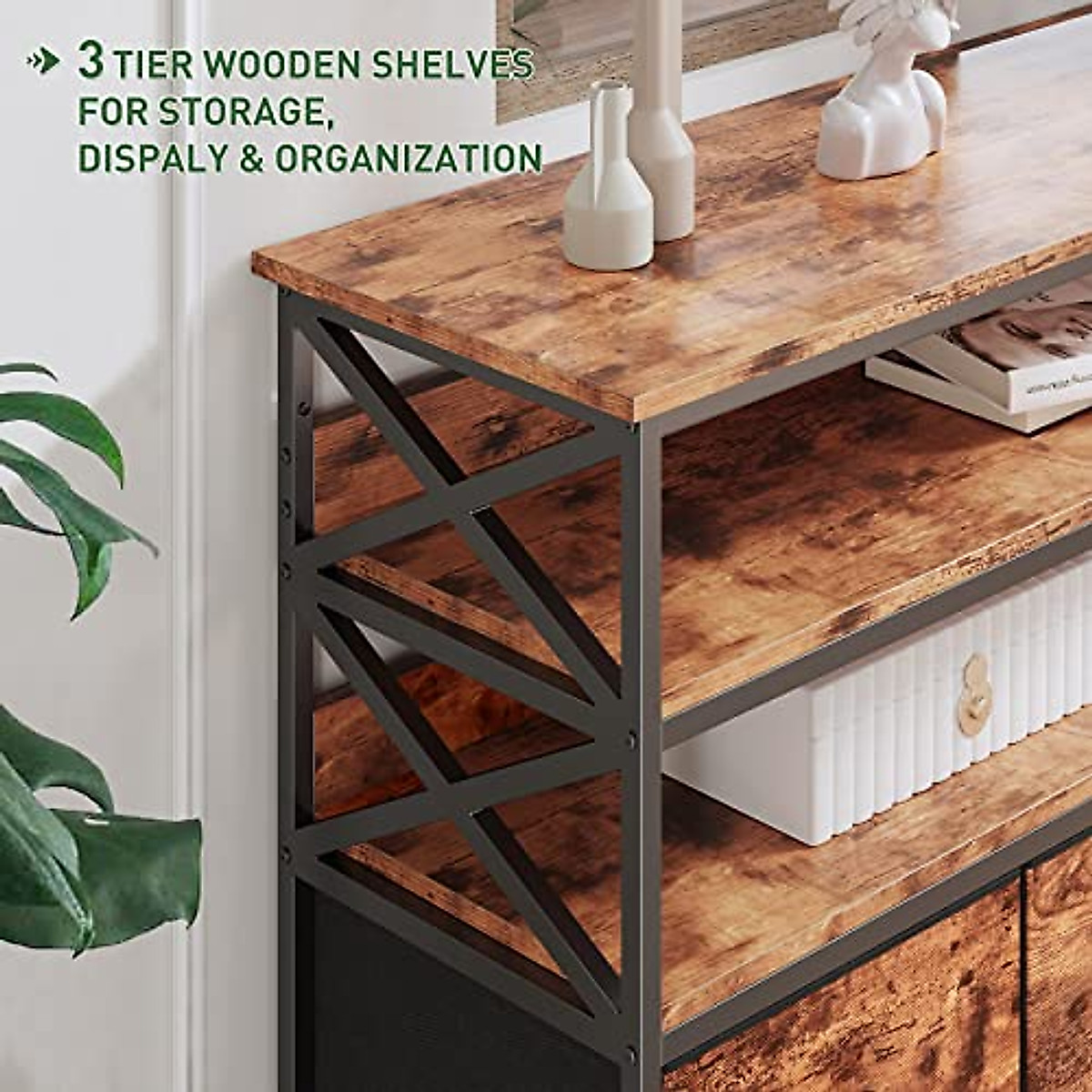 EnHomee Dresser TV Stand Entertainment Center with Fabric Drawers Media Console Table with Wood Open Shelves for 50" TV Storage Drawer Dresser for Bedroom, Living Room, Entryway, Rustic Brown