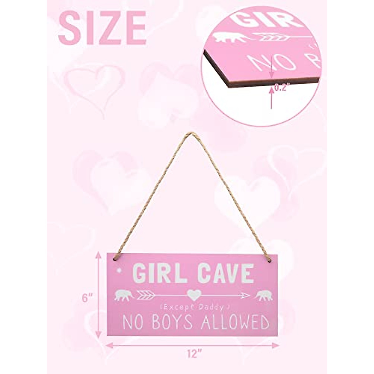 Utuichuo Girl Cave Sign Girls Bedroom Decorations, Hanging Wooden Door Sign for Teen Girl Kids Bedroom Living Room Wall Decor, No Boys Allowed Sign