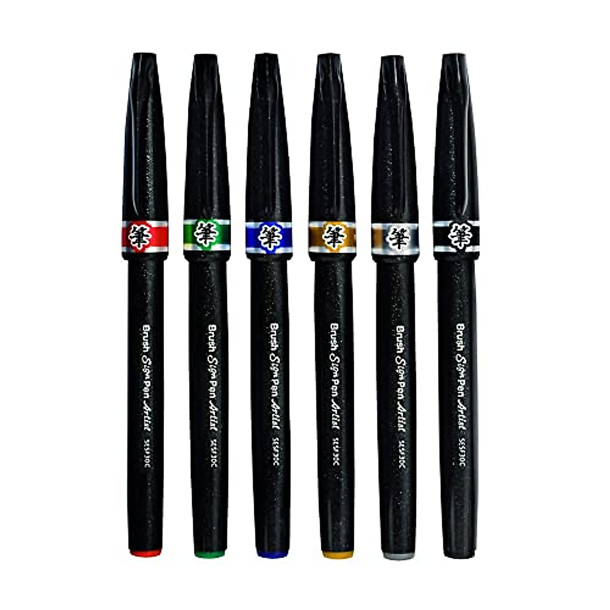 Pentel Arts Sign Pen Micro Brush, Assorted Ink, (A/B/C/D/E/G) 6-pk (SESF30BP6M) ,Black