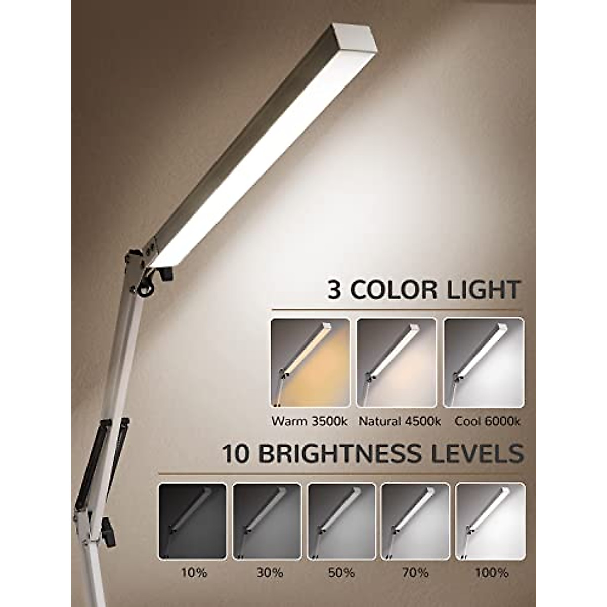 LED Desk Lamp, Adjustable Swing Arm Desk Light with Clamp, 3 Modes &10 Brightness, Study Clamp Light for Architect Kids, Memory Function, Bright Desk Lamps for Home Office Read Room Desktop, White-14W