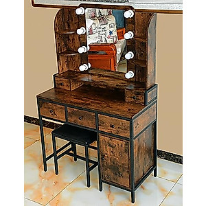 Vocuer Vanity Table with Lighted Mirror, Makeup Vanity Desk with 3 Makeup Drawer, 2 Shelves, 8 Led Makeup Light & Vanity Stool, Vanity Mirror with Lights and Table Set, Makeup Desk Dressing Table