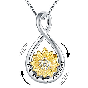 You are My Sunshine Necklace Sunflower Jewelry for Women - 925 Sterling Silver Infinity Spinner Sun Flower CZ Pendant Necklace Birthday Mother's Day Gifts for Couples Mother Daughter Chain 18"+2"