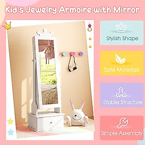 Costzon Kids Jewelry Armoire Cabinet, 45” Standing Jewelry Organizer with Full-Length Mirror, 3 Storage Drawers, Kids Vanity Dress Up Mirror Jewelry Cabinet for Girls (White)