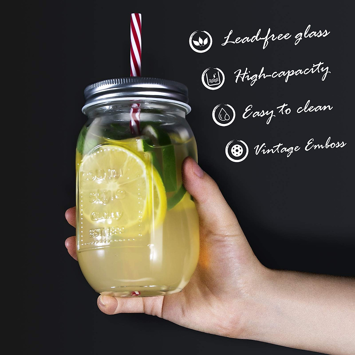 Masthome Regular Mouth Mason Jars 16oz, Drinking Glasses with 6 Extra Lids & 6 Reusable Straws, Glass Storage Jars for Canning, Preserving – Set of 6