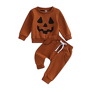 LIOMENGZI Infant Baby Boy Halloween Pants Outfits Long Sleeve Shirts Pumpkin Sweatshirt Pants Infant Boys Fall Winter Clothes Set (Brown, 18-24 Months)