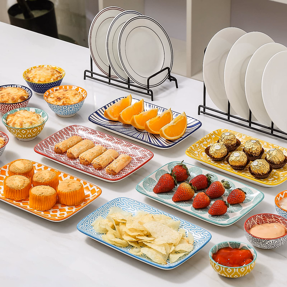 KitchenTour Rectangular Serving Platter, 9.5 inch Appetizer Plates Ceramic Dinner Plates Serving Trays Set of 6 for Salad, Sushi, Fruit, Microwave and Dishwasher Safe